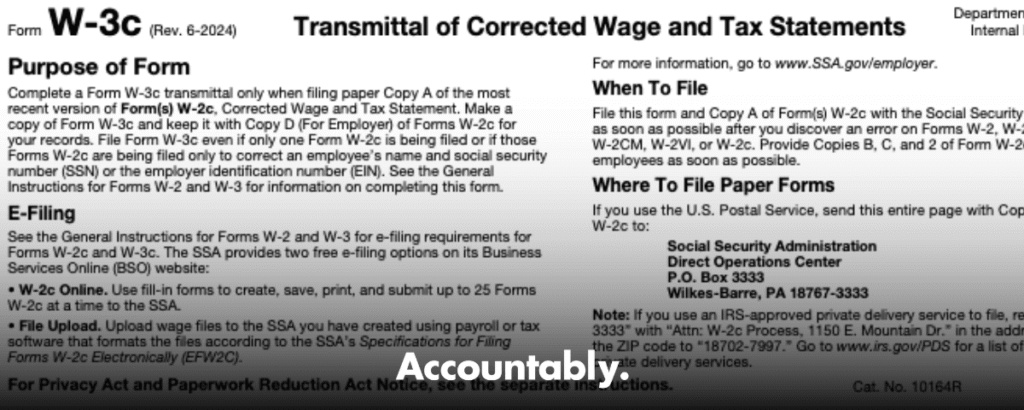 Form W-3c - W‑2c Corrections, E‑File Rules, Addresses – Accountably.com