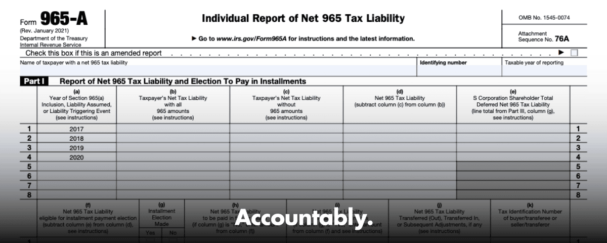 Form 965-A - Installments, S Corp Deferral, E-file Guide – Accountably.com